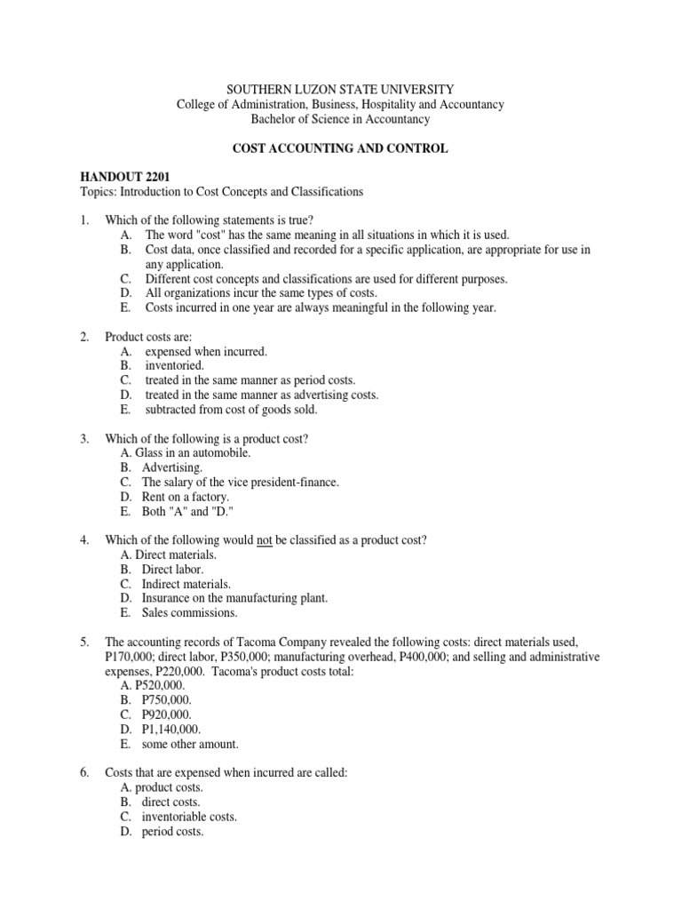 Cost Accounting and Control - Handout 2201 - Introduction To Cost Concepts and Classifications ...
