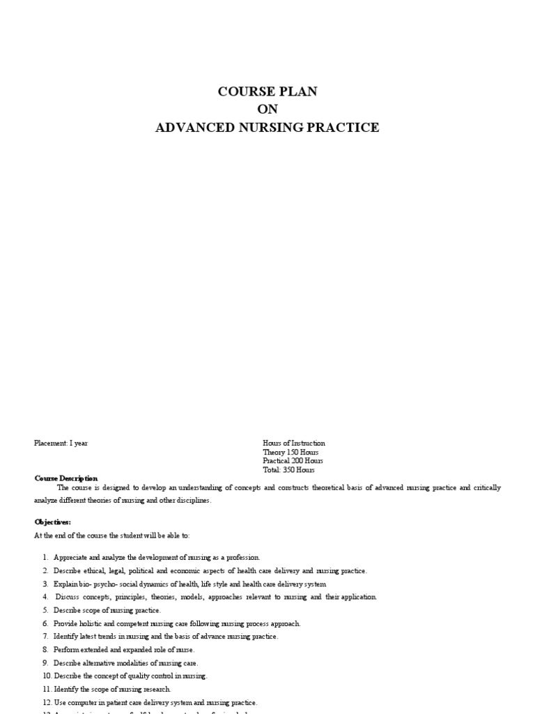 Advanced Nursing Practice Course Plan | PDF | Nursing | Health Care
