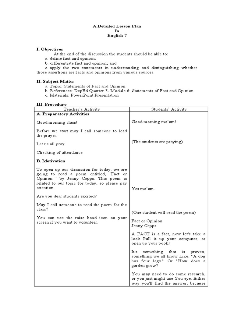 MIGUEL-Quarter 3 - Module 6 Lesson Plan | PDF | Opinion | Lesson Plan