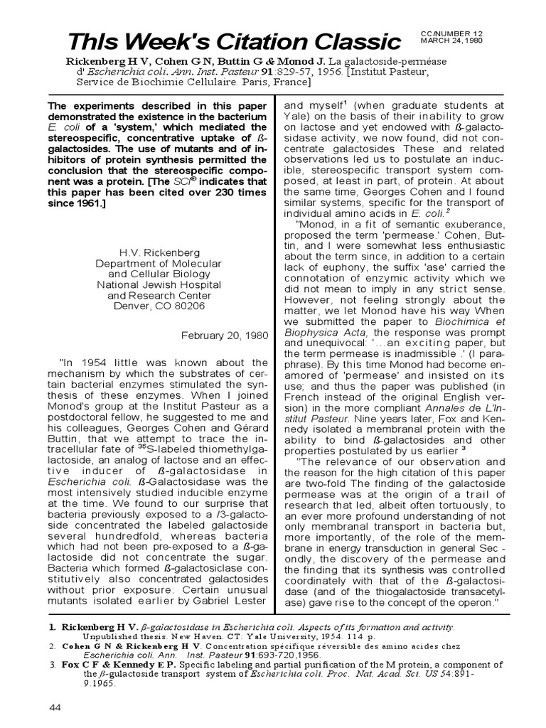 Rickenberg 1956 (Cohen and Monod) Permease of E. Coli | PDF | Proteins ...