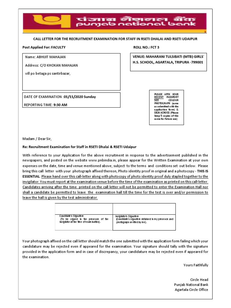 Faculty Call Letter RSETI Exam Tripura | PDF | Identity Document ...