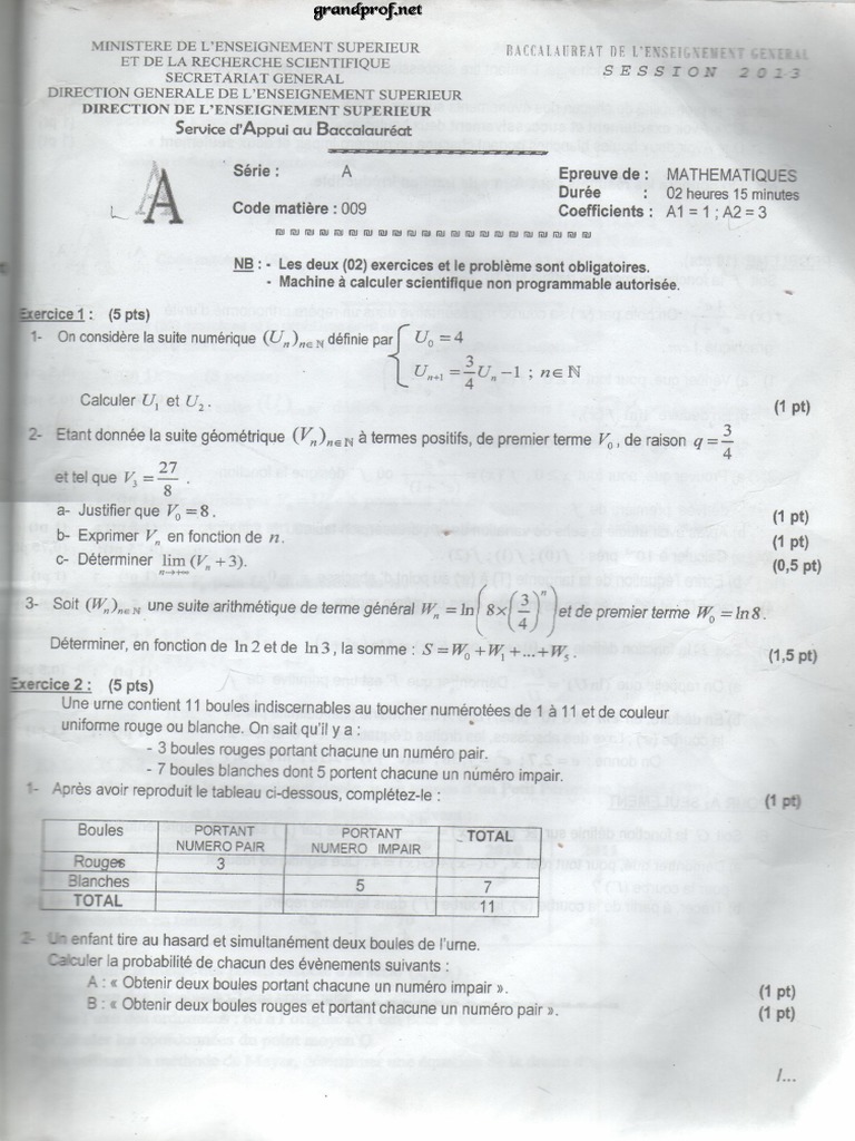 Sujet Baccalaureat Mathematiques Serie A1 A2 Session 2013 A Madagascar ...
