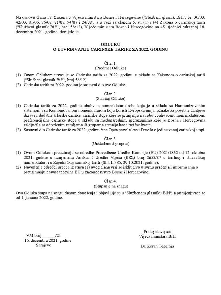 Carinska Tarifa 2022 - Bosanski | PDF