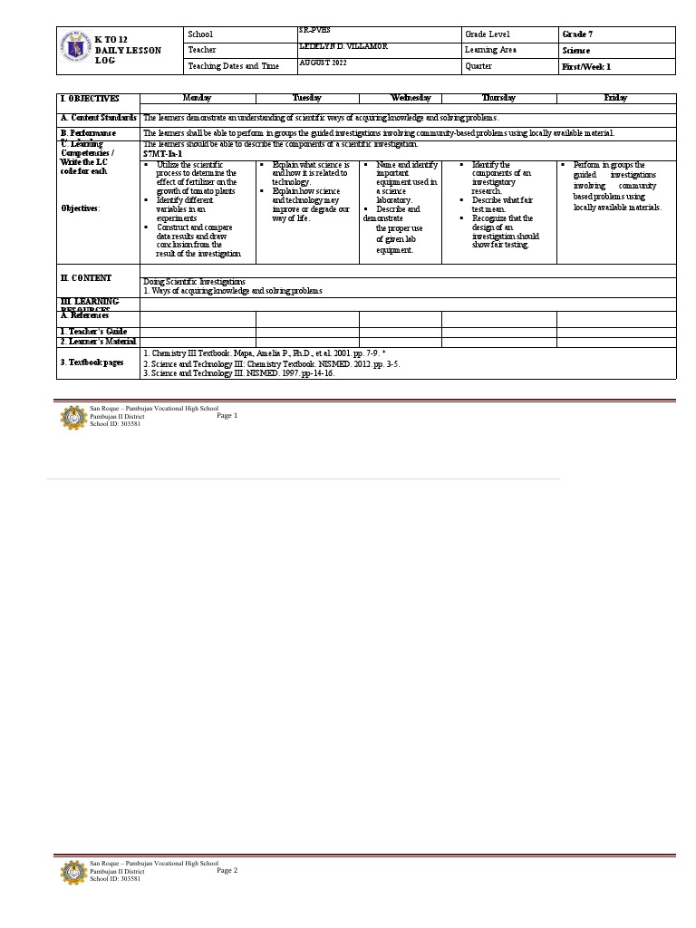 DLL Science 7 q1 Week 1 | PDF | Learning | Science