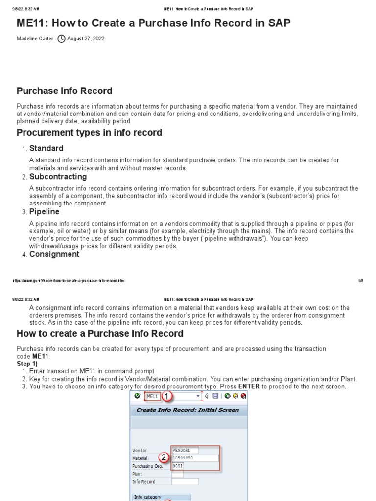 9 ME11 - How To Create A Purchase Info Record in SAP | PDF | Procurement | Prices