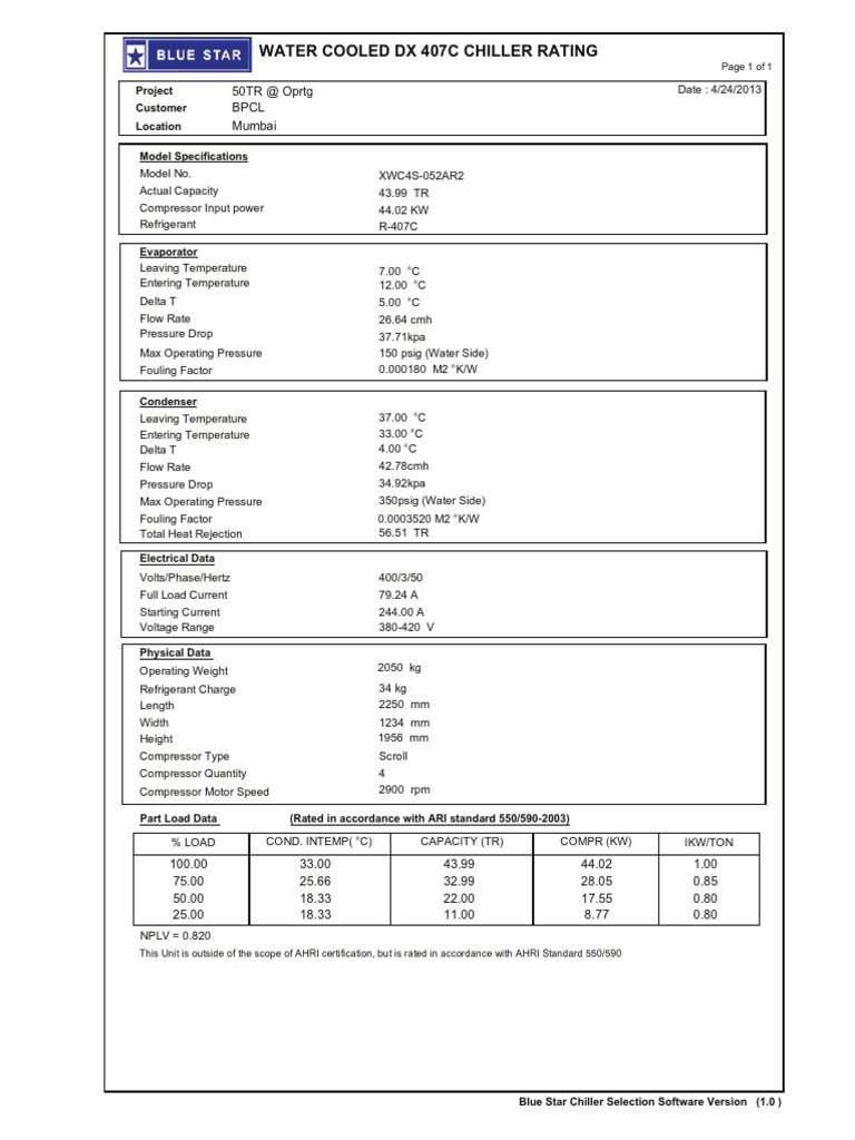 Technical Specifications and Performance Ratings for a 50 Ton Water ...