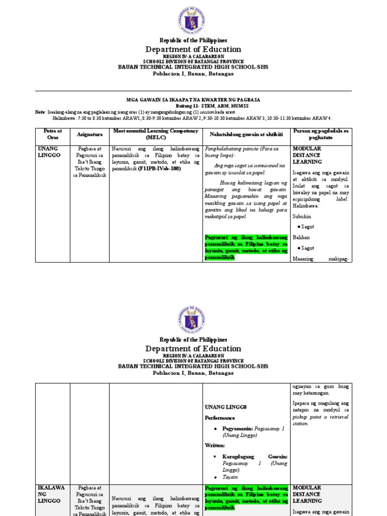 Quarter 4 - WHLP - Pagbasa W1 W8 | PDF