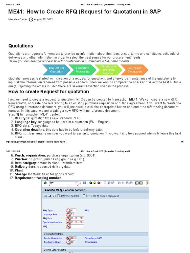 13 ME41 - How To Create RFQ (Request For Quotation) in SAP | PDF ...