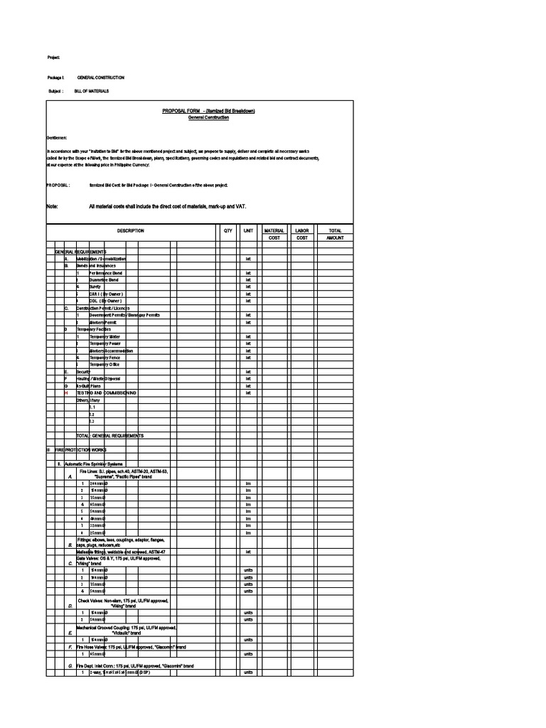 Fire Pro Bill of Materials Bid Template | PDF | Liquidated Damages ...