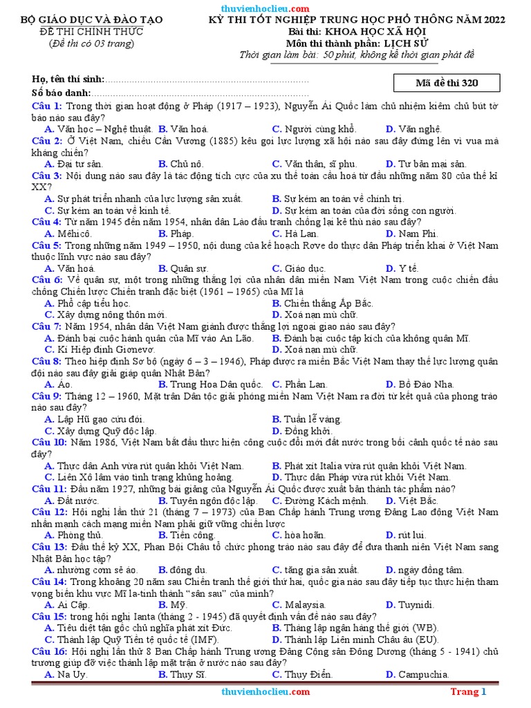 De Thi TN THPT Lich Su 2022 Ma de 320 | PDF