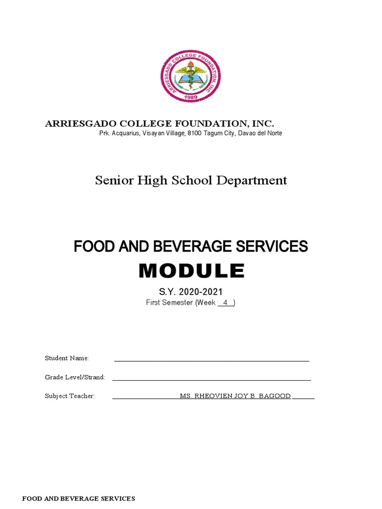 Module - fbs-week4completeDONEOK | PDF | Tableware | Linens