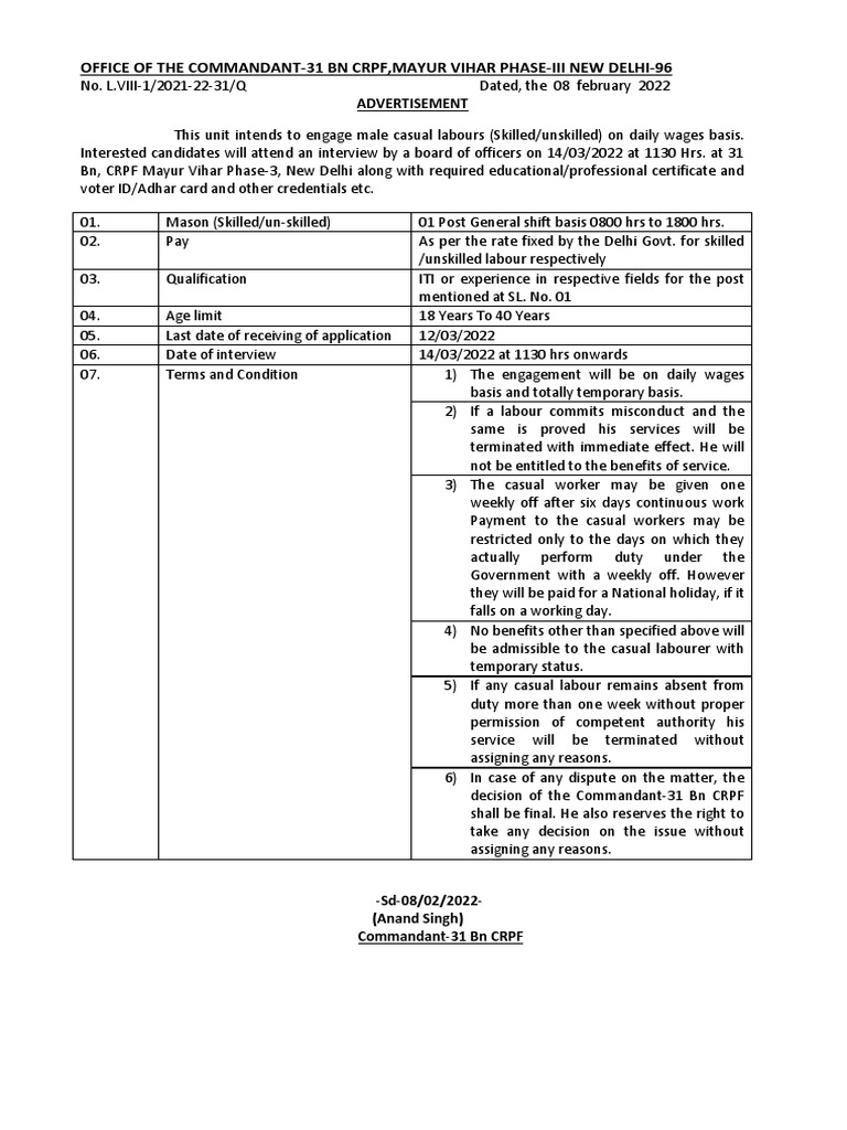 Office of The Commandant-31 BN CRPF, Mayur Vihar Phase-Iii New Delhi-96 ...