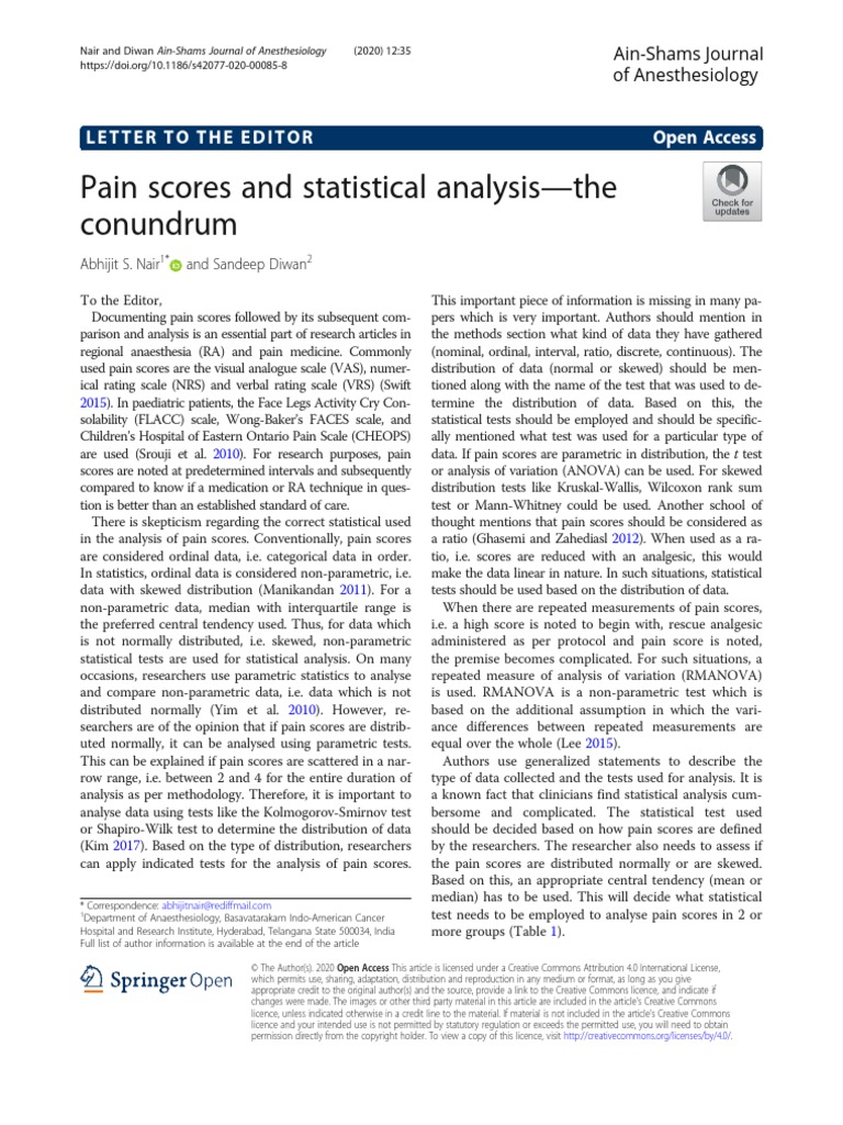 Pain Scores and Statistical Analysis - The Conundrum: Letter To The ...