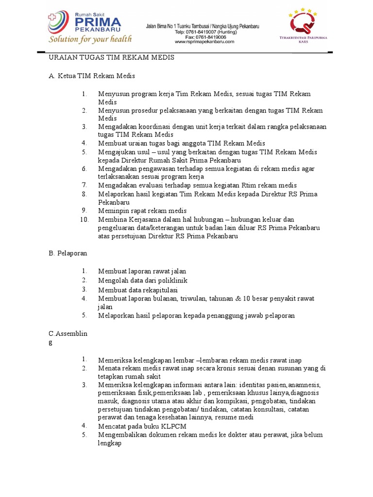 Uraian Tugas TIM Rekam Medis | PDF