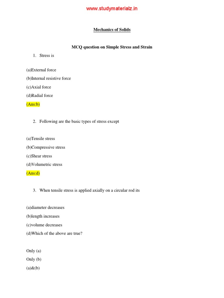 Solid Mechanics MCQ | PDF | Stress (Mechanics) | Elasticity (Physics)