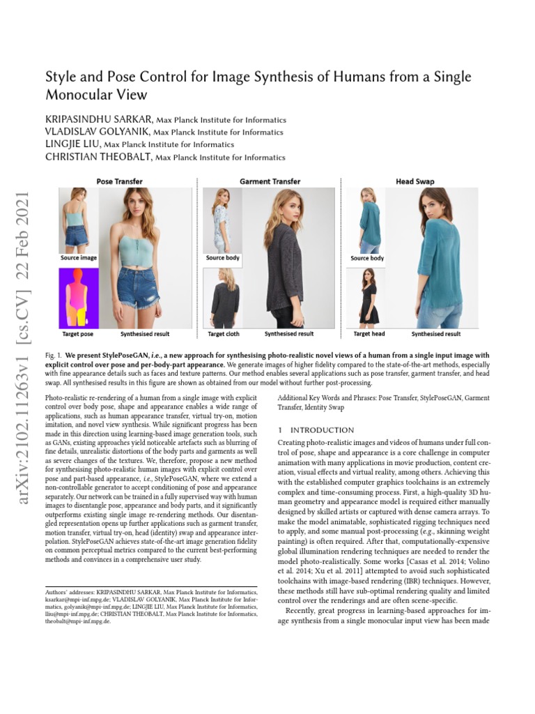 Style and Pose Control For Image Synthesis of Humans From A Single Monocular View | PDF ...