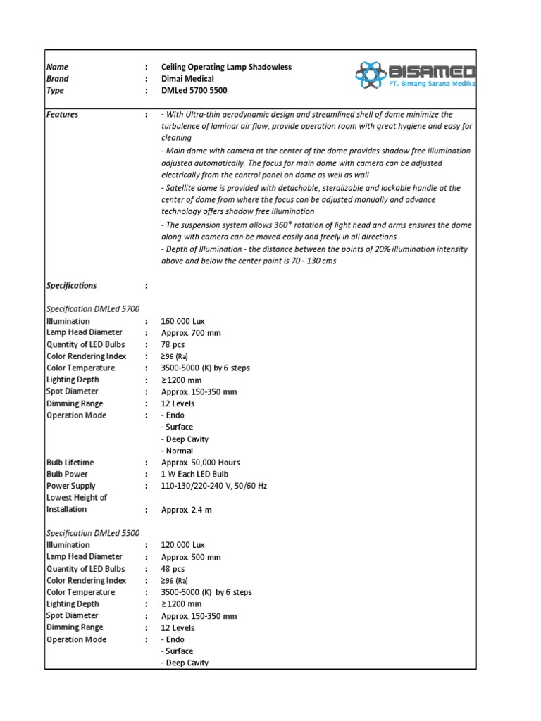 Dimai Medical - DMLED 5700 + 5500 | PDF | Lighting | Light