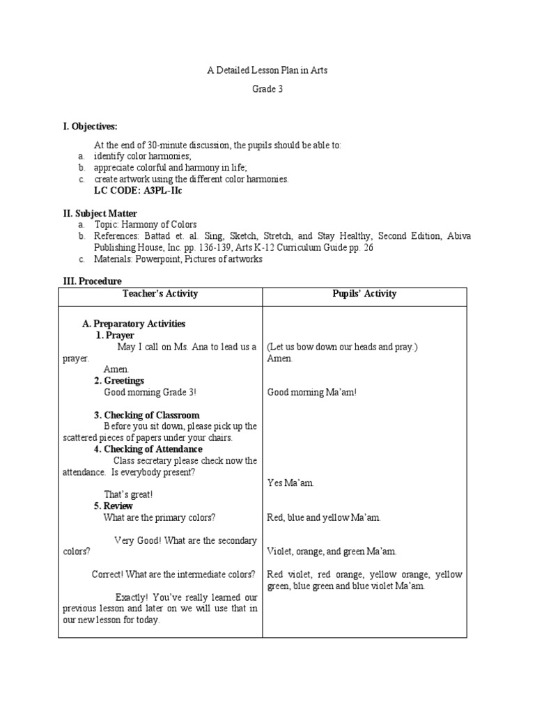 A Detailed Lesson Plan in Arts | PDF | Color | Lesson Plan