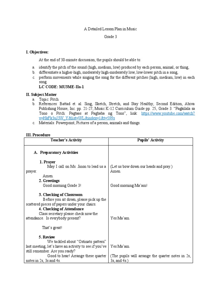 Grade 3 Music Lesson Plan on Pitch | PDF | Pitch (Music) | Sound