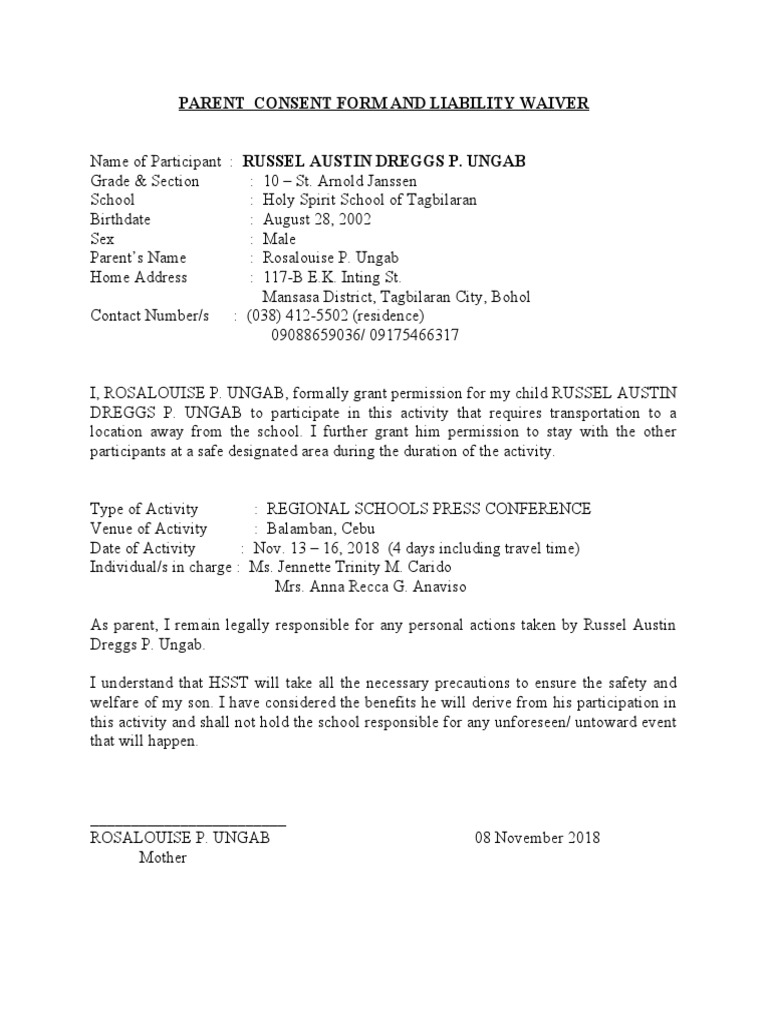 Parent Consent Form and Liability Waiver | PDF