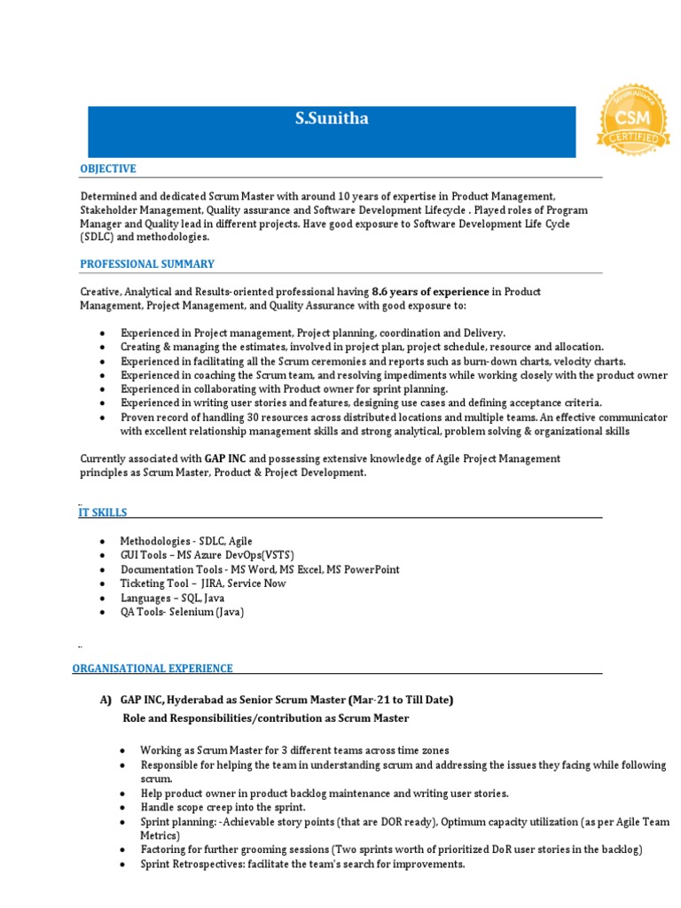 Sunitha Resume | Download Free PDF | Scrum (Software Development) | Computer Engineering