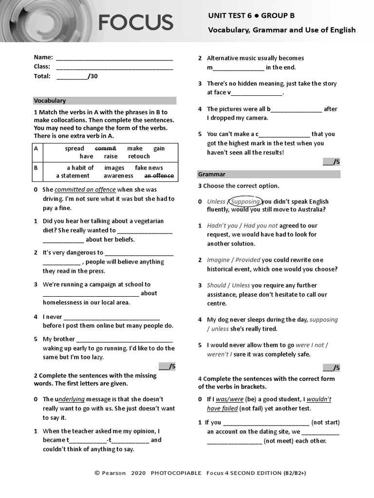 Focus4 2E Unit Test Vocabulary Grammar UoE Unit6 GroupB | PDF | English ...