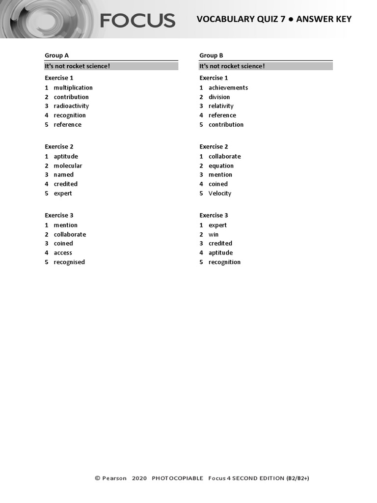 Focus4 2E Vocabulary Quiz Unit7 GroupA B ANSWERS | PDF