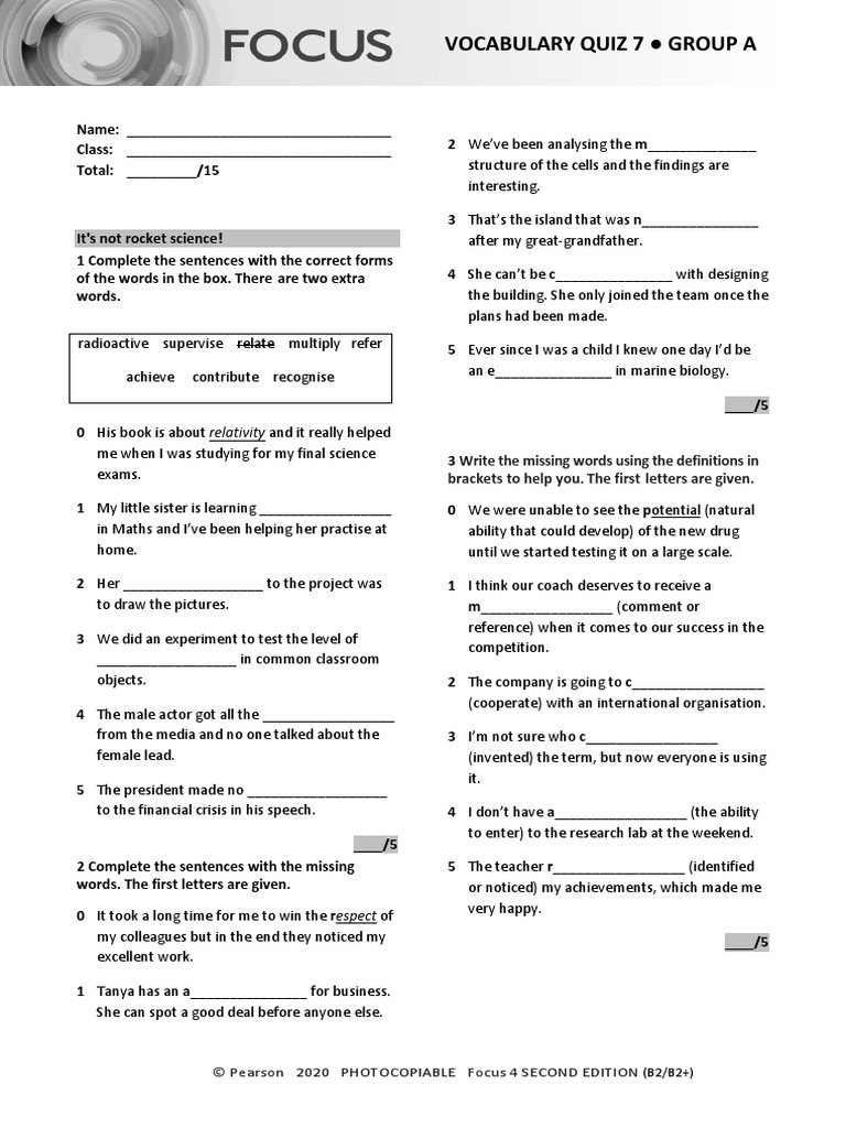 Focus4 2E Vocabulary Quiz Unit7 GroupA | PDF | Linguistics | Behavior Modification