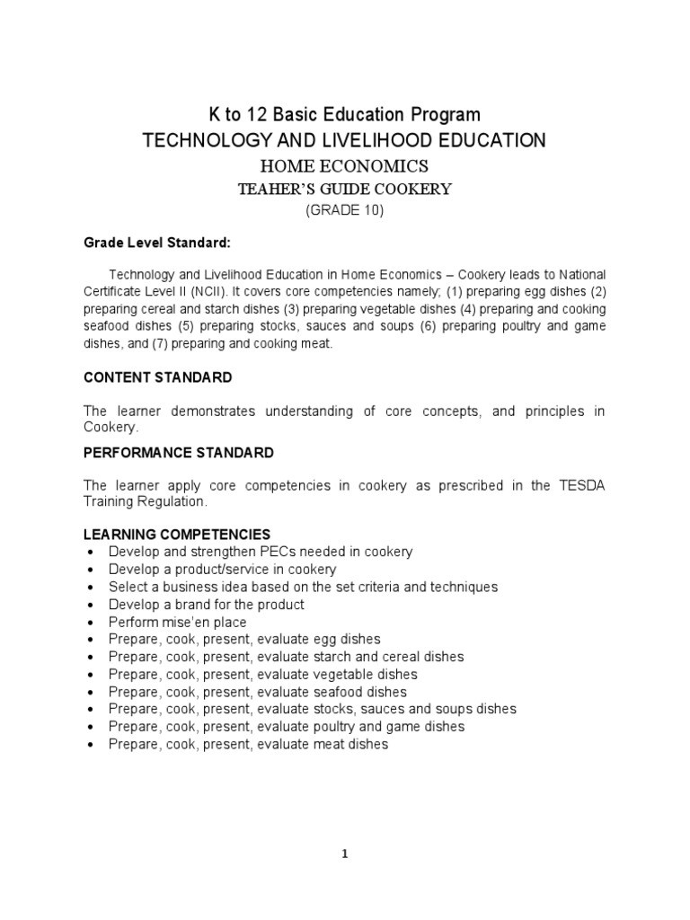 TG Cookery G10 | PDF | Learning | Entrepreneurship