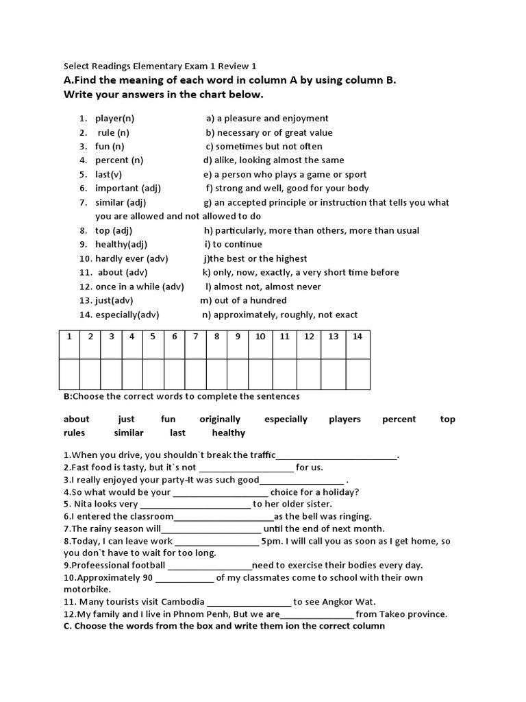 Select Readings Elementary Exam Review 1 | PDF | Adverb | Morphology