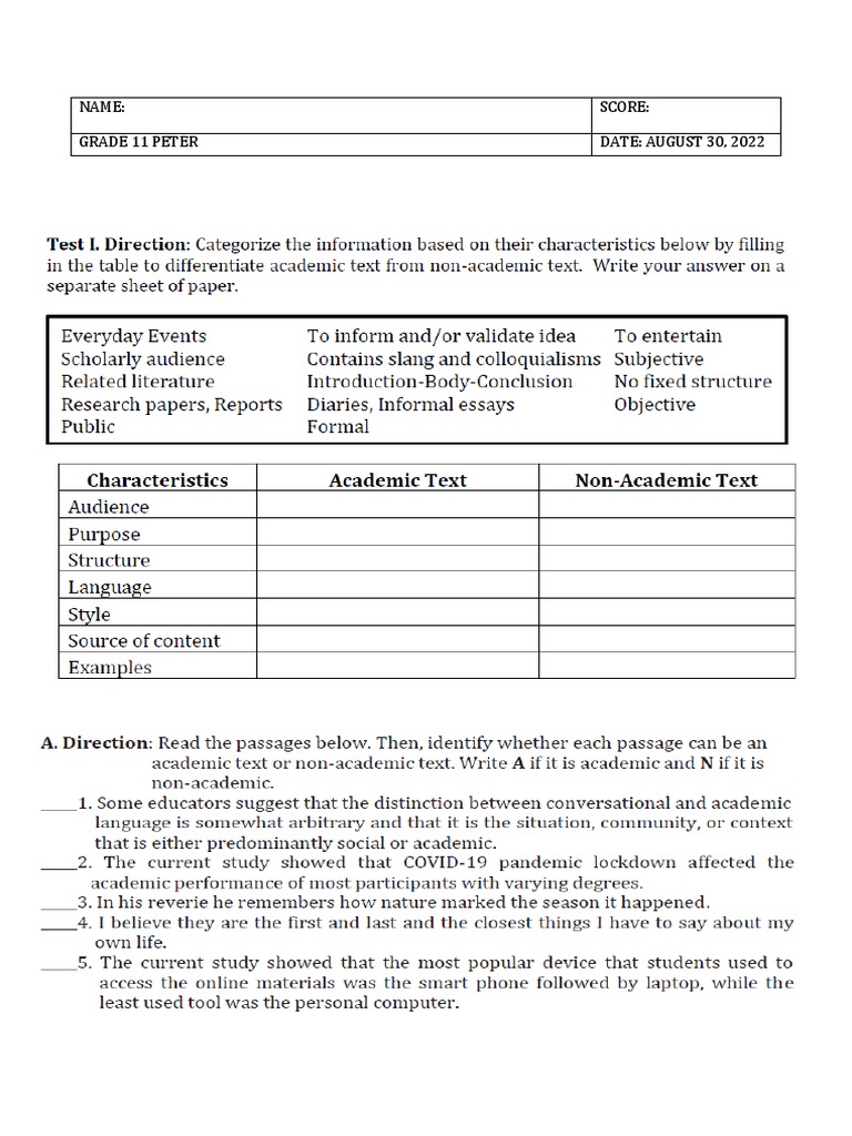 Academic and Non Academic Text Pretest | PDF