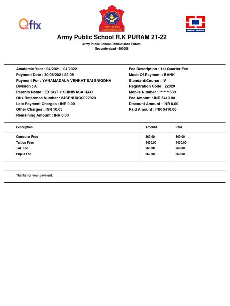 APS Fee Receipt for Parents | PDF