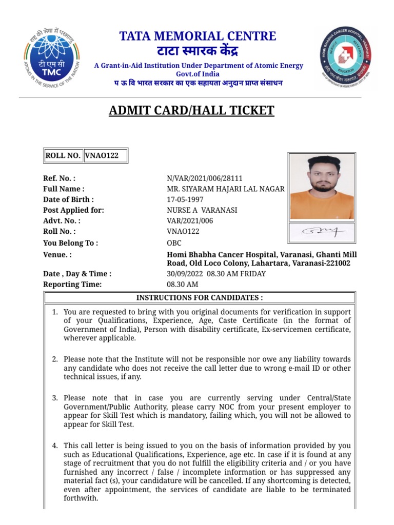 Tata Memorial Centre - Admit Card - Hall Ticket | PDF