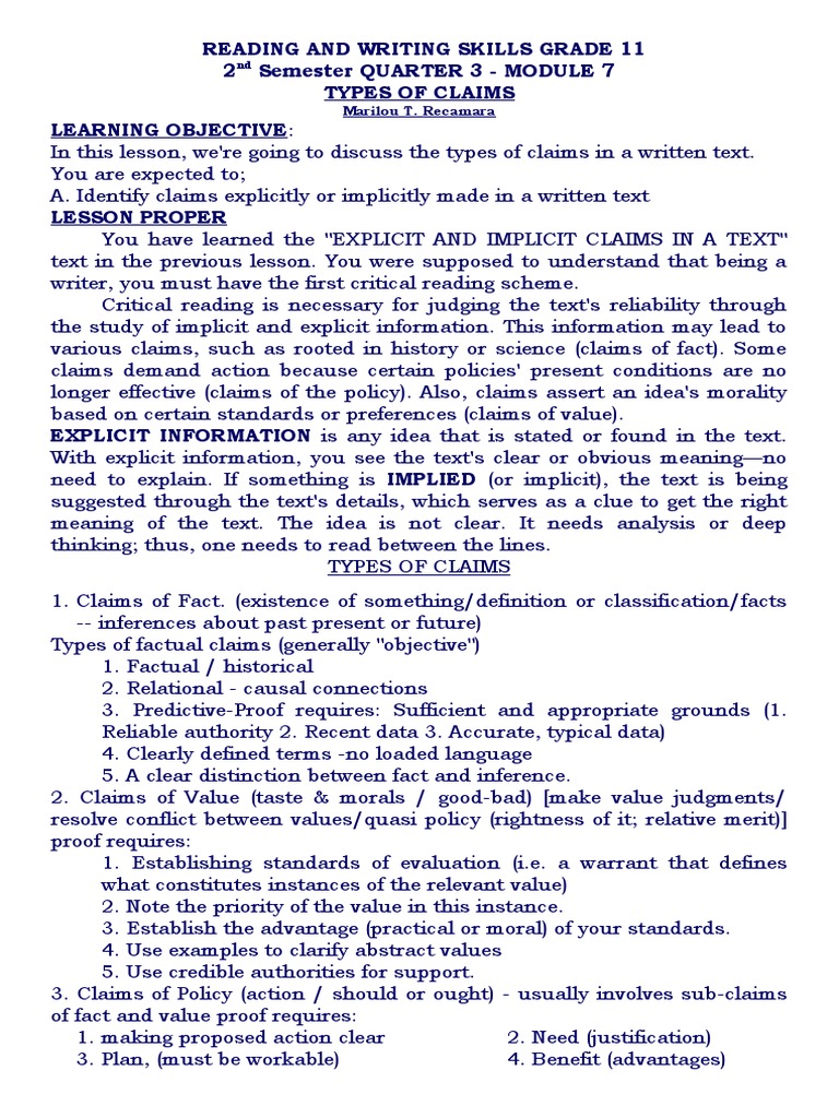 English-11 q1 m7 Types-Of-Claims v1 | PDF | World Wide Web | Internet & Web
