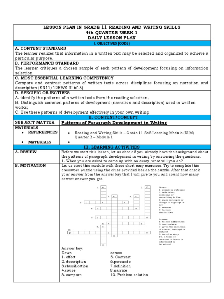 Grade 11 RWS Lesson Plan: Narration & Description | PDF | Guitars | Essays