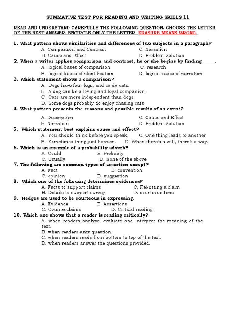 Summative Test For Reading and Writing Skills 11 | PDF