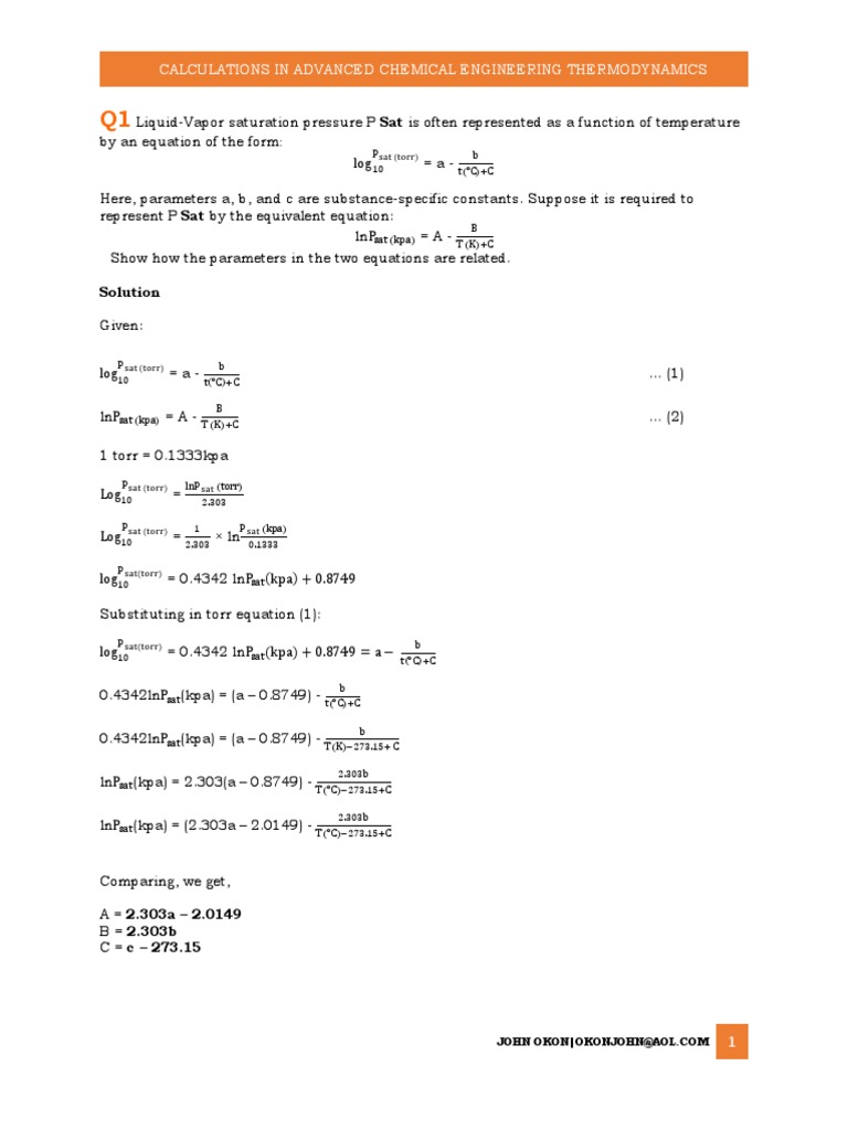 Calculations in Advanced Chemical Engineering Thermodynamics | PDF ...