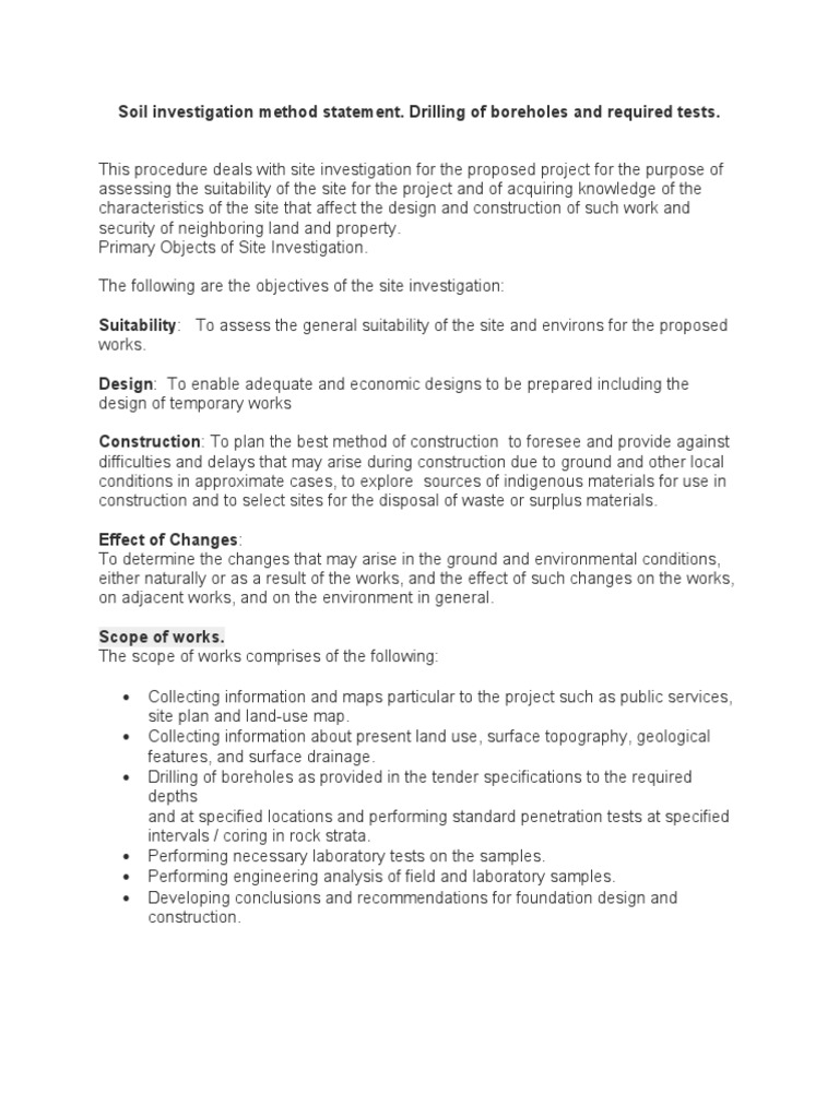 Soil Investigation Method Statement | PDF | Earth Sciences