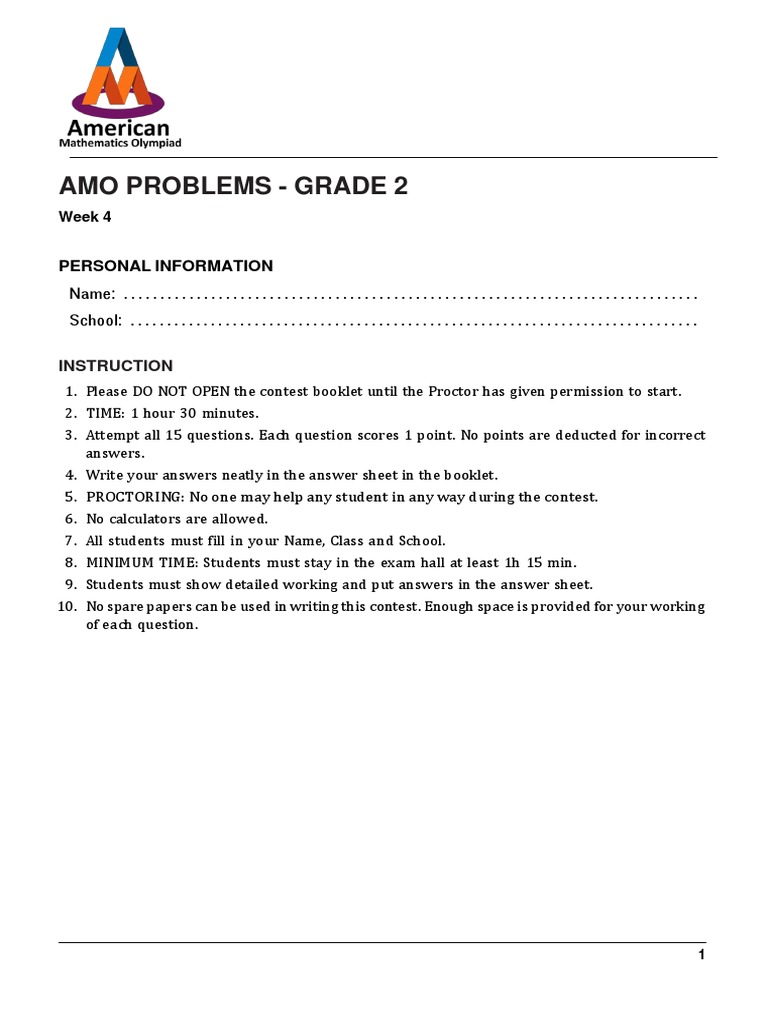 Grade 2 AMO Problems Worksheet | PDF