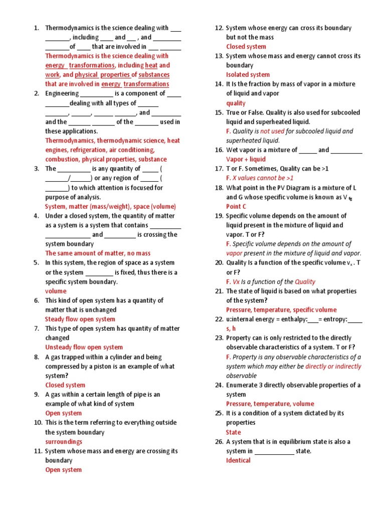 Thermodynamics Questionnaire + Answers | PDF | Pressure | Phase (Matter)