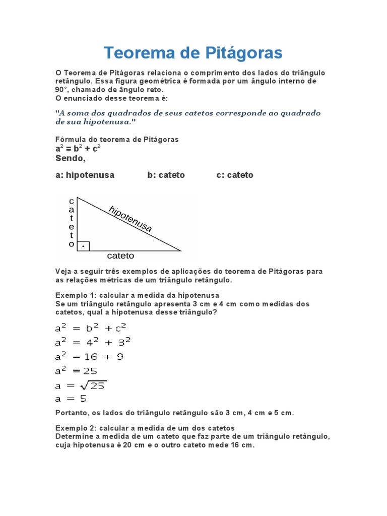Teorema de Pitágoras explicado com exemplos | PDF | Triângulo ...