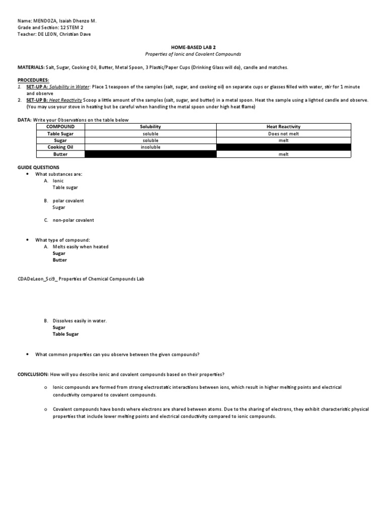 Ionic vs. Covalent Compounds Lab | PDF | Chemical Compounds | Ionic Bonding