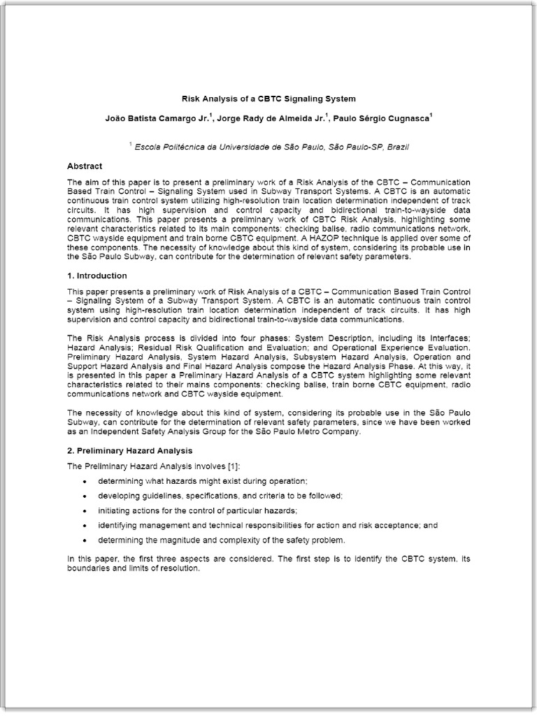 Risk Analysis Of A Cbtc Signaling System Pdf Pdf