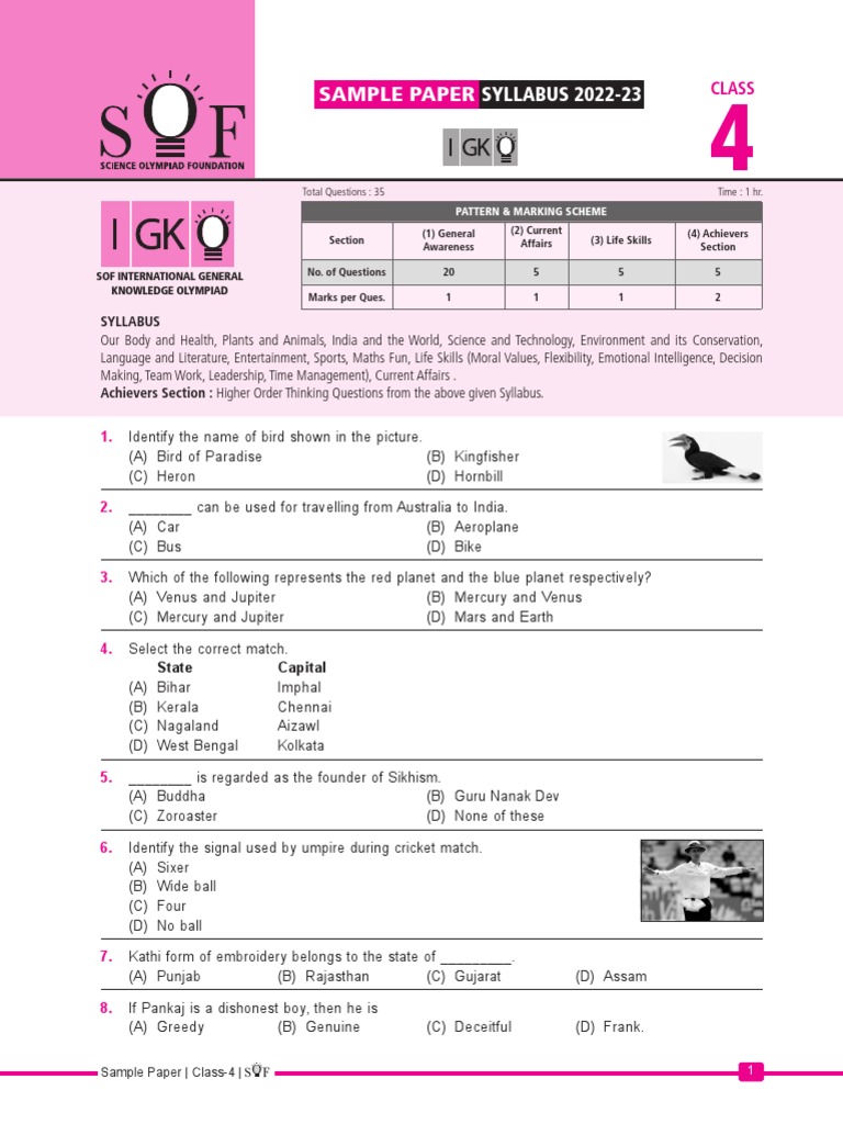 Class 4 General Knowledge Olympiad Sample | PDF
