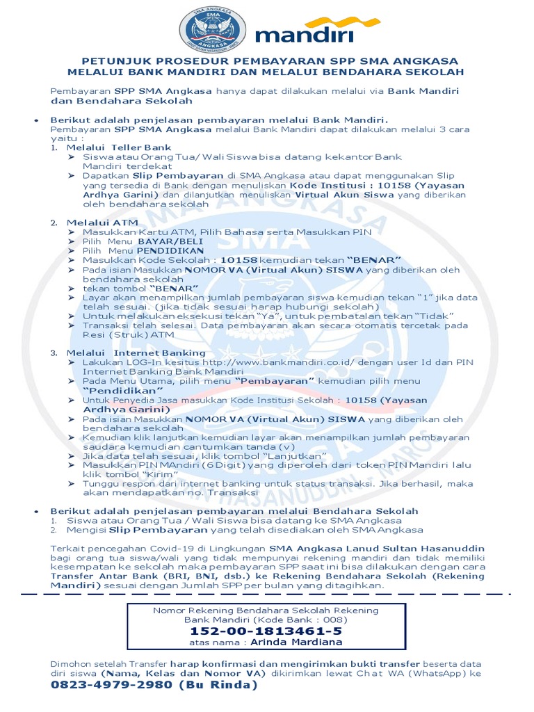 Petunjuk Prosedur Pembayaran SPP Via Bank Mandiri Sma Angkasa | PDF