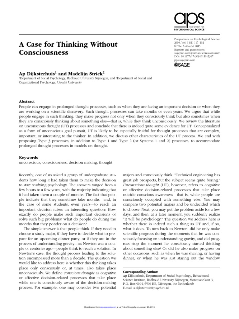 A Case For Thinking Without Consciousness: Ap Dijksterhuis and Madelijn ...