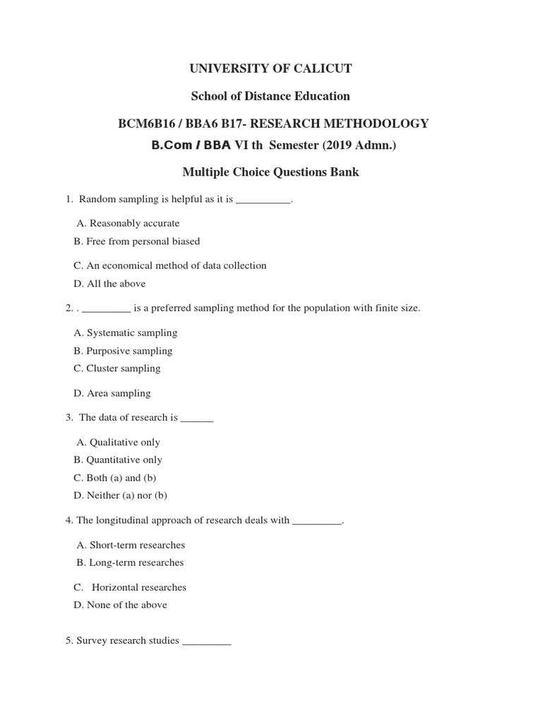 RM MCQ (1) B.com - 0 | PDF | Sampling (Statistics) | Level Of Measurement