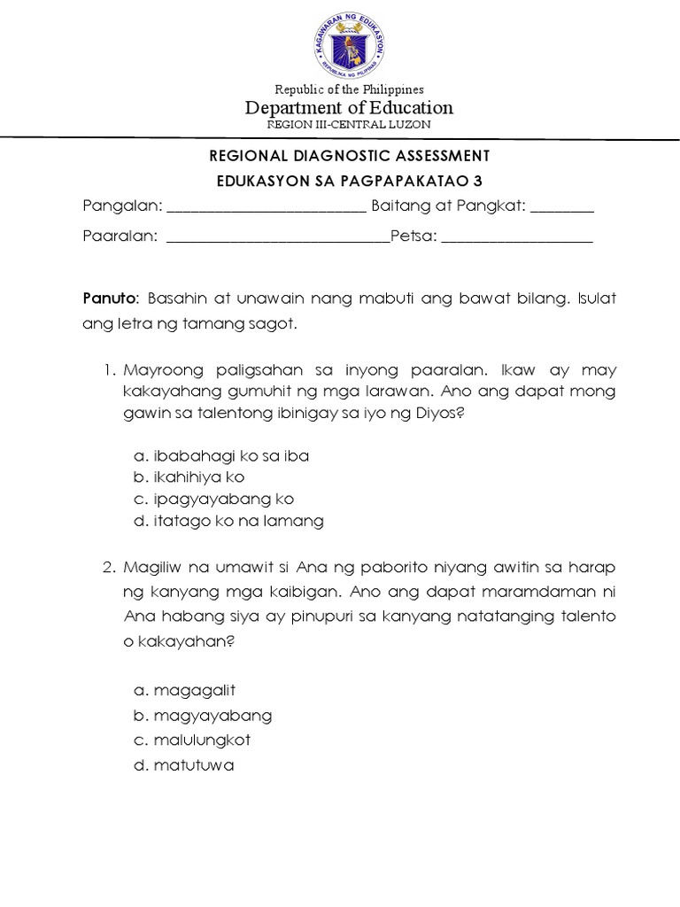 Diagnostic Assessment EsP Grade 3 | PDF