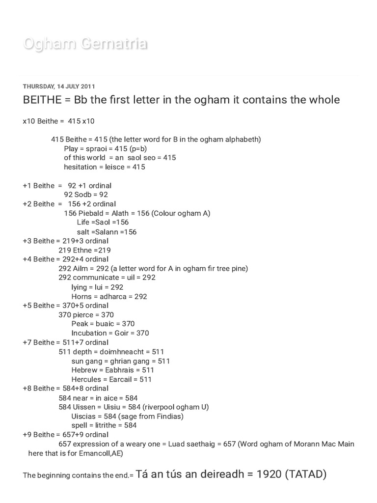 Ogham Gematria - BEITHE BB The First Letter in The Ogham It Contains ...