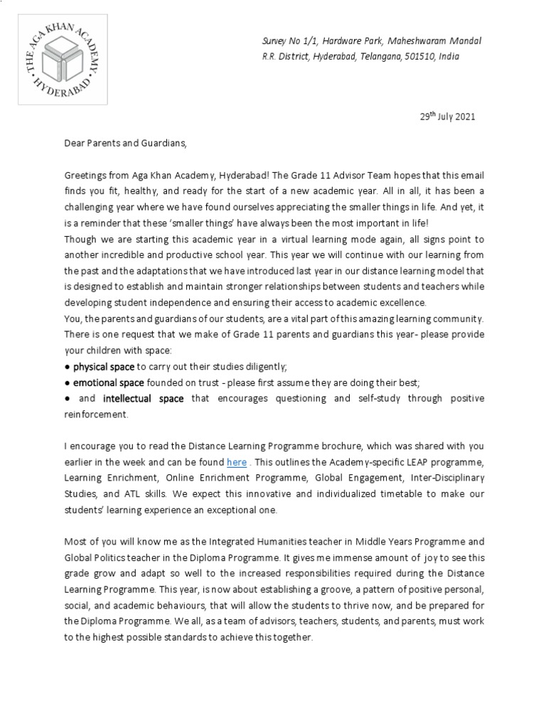 DP1 Welcome Letter | PDF | Learning | Psychological Concepts